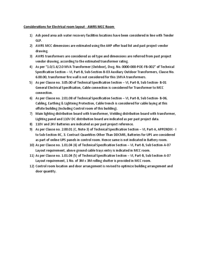 Considerations For Electrical Room Layout - AWRS MCC Room | PDF