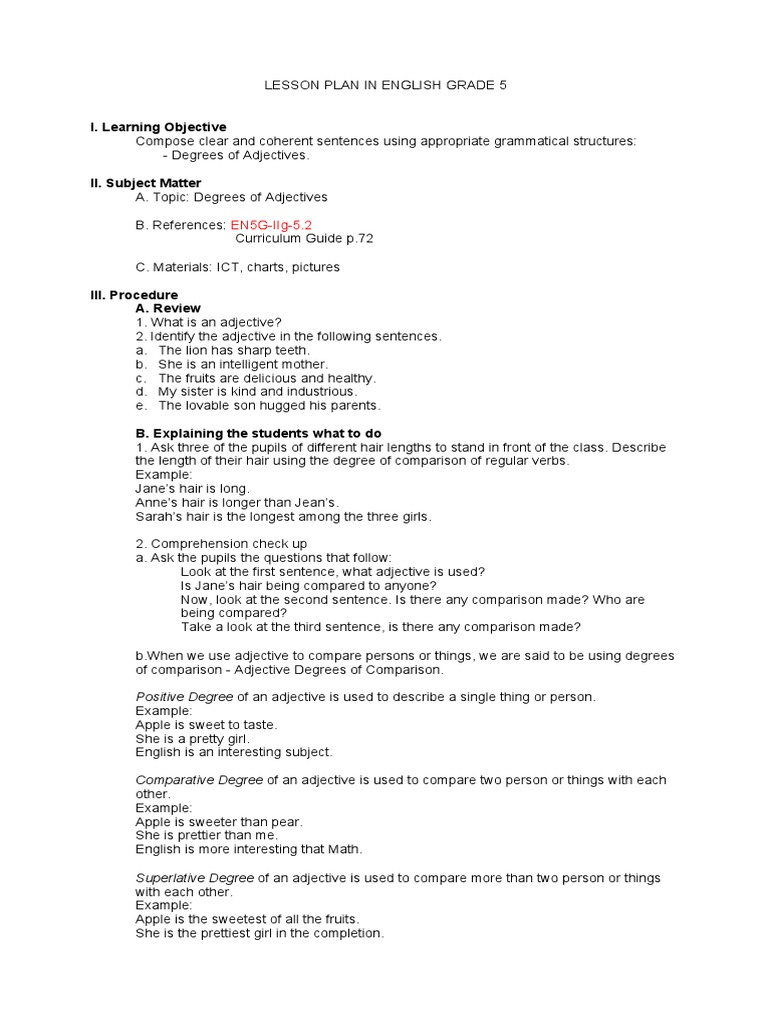 Degrees of Adjectives Lesson Plan | PDF | Adjective | English Language