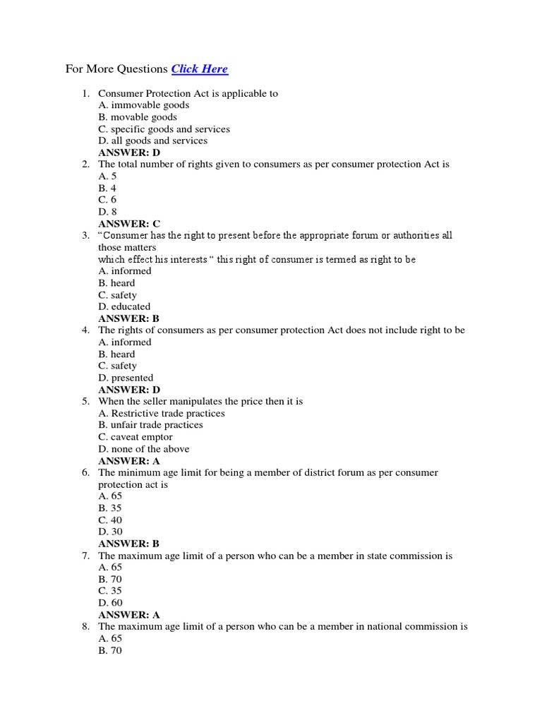 MCQ On Consumer Protection Act | PDF | Business | Finance & Money ...