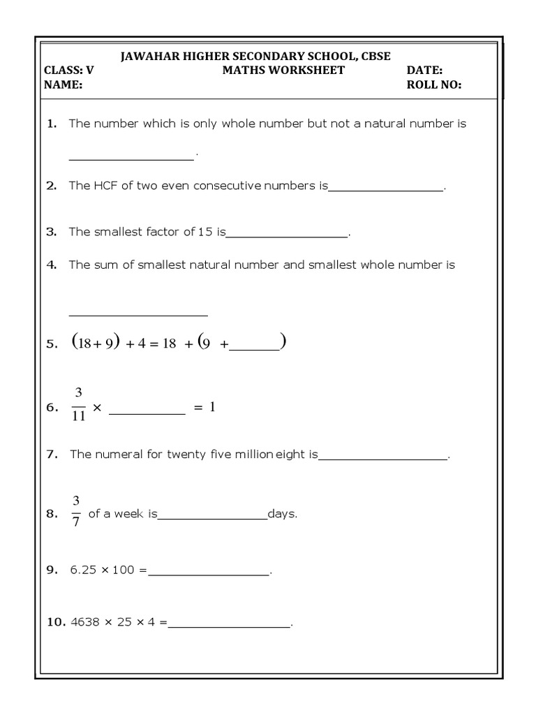 Class 5 Mathematics Worksheet-2 PDF | PDF