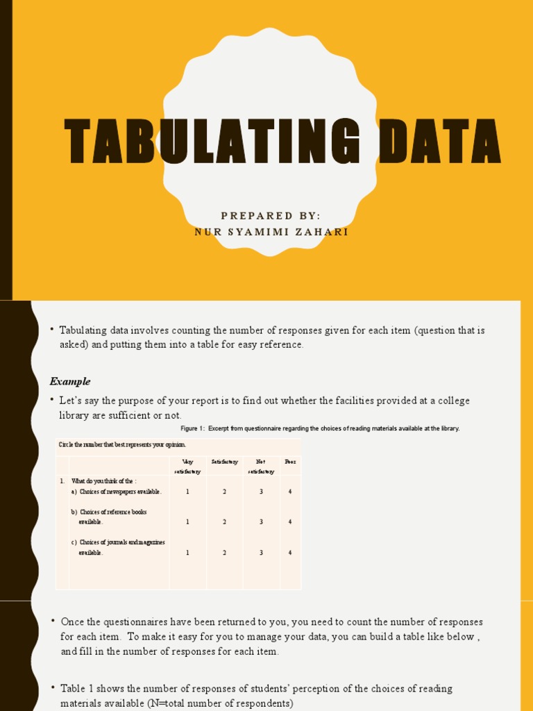 Tabulating Data: Prepared By: Nur Syamimi Zahari | PDF | Survey ...