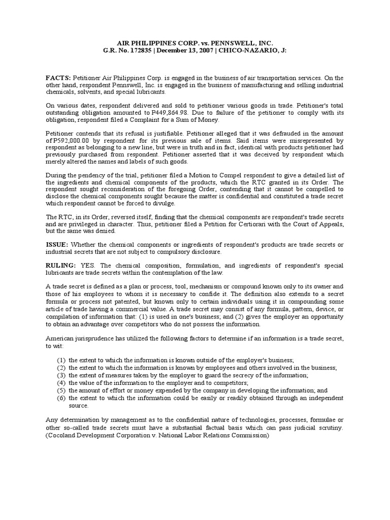 AIR PHILIPPINES vs. PENNSWELL, INC. | PDF | Trade Secret | Employment