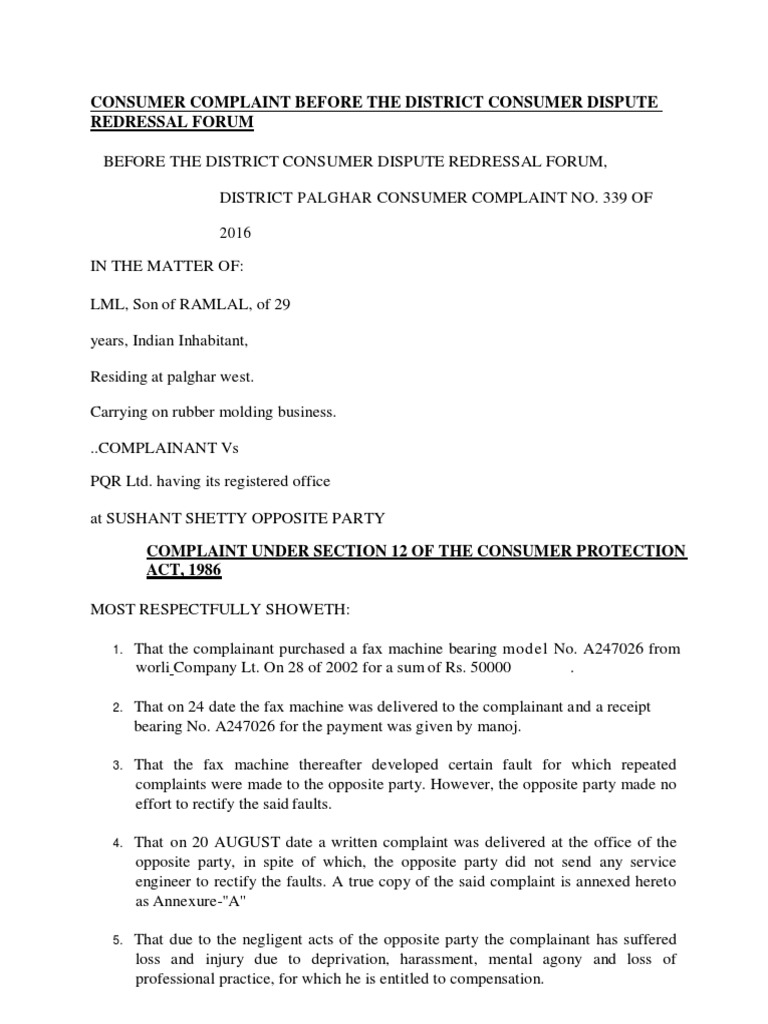 Consumer Complaint Before The District Consumer Dispute Redressal Forum ...
