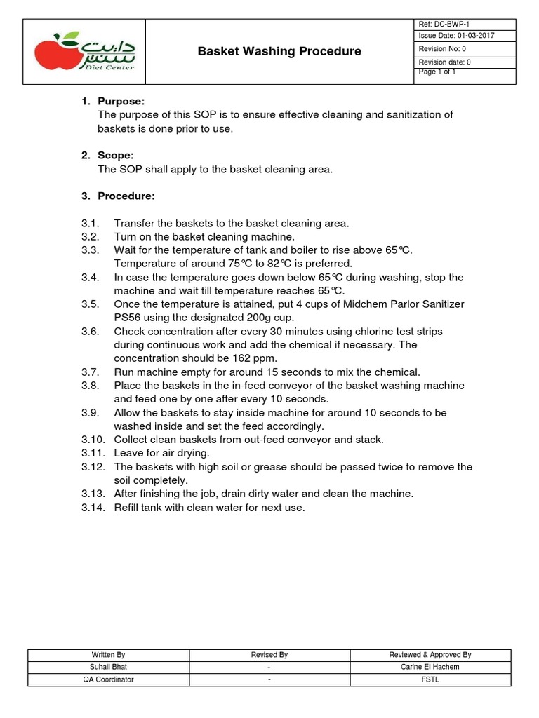 Basket Washing Procedure | PDF