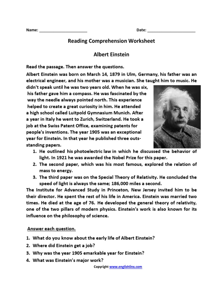 Reading Comprehension Worksheet Albert Einstein | PDF | Albert Einstein ...