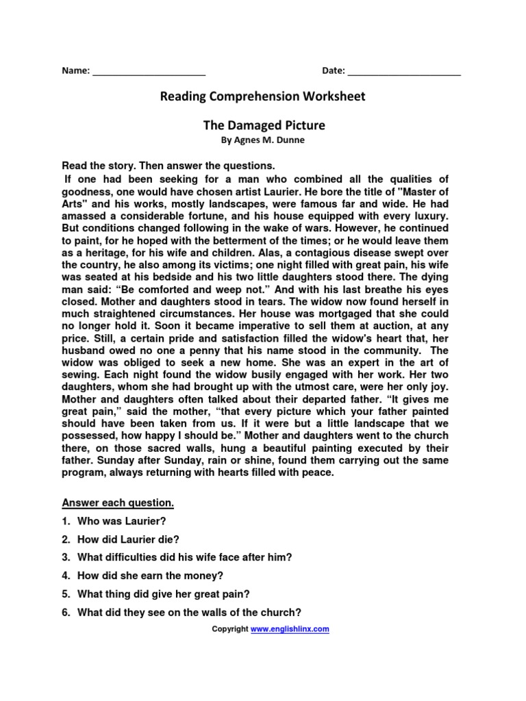 Reading Comprehension Worksheet The Damaged Picture | PDF