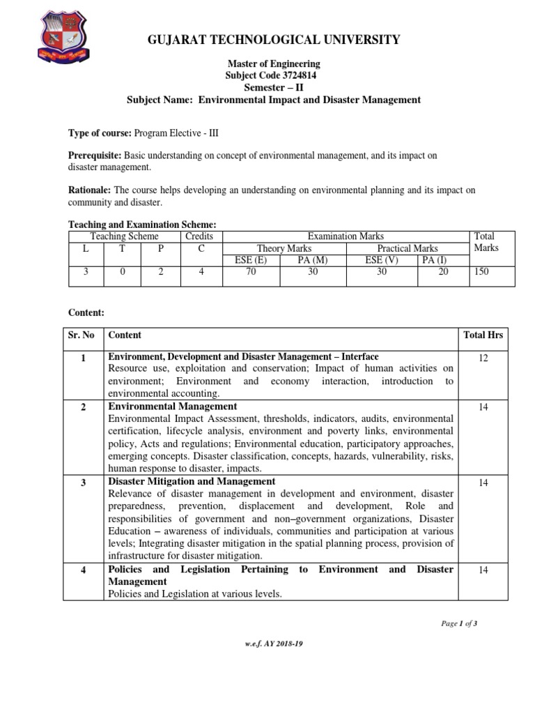 Gujarat Technological University: Semester - II Subject Name: Environmental Impact and Disaster ...