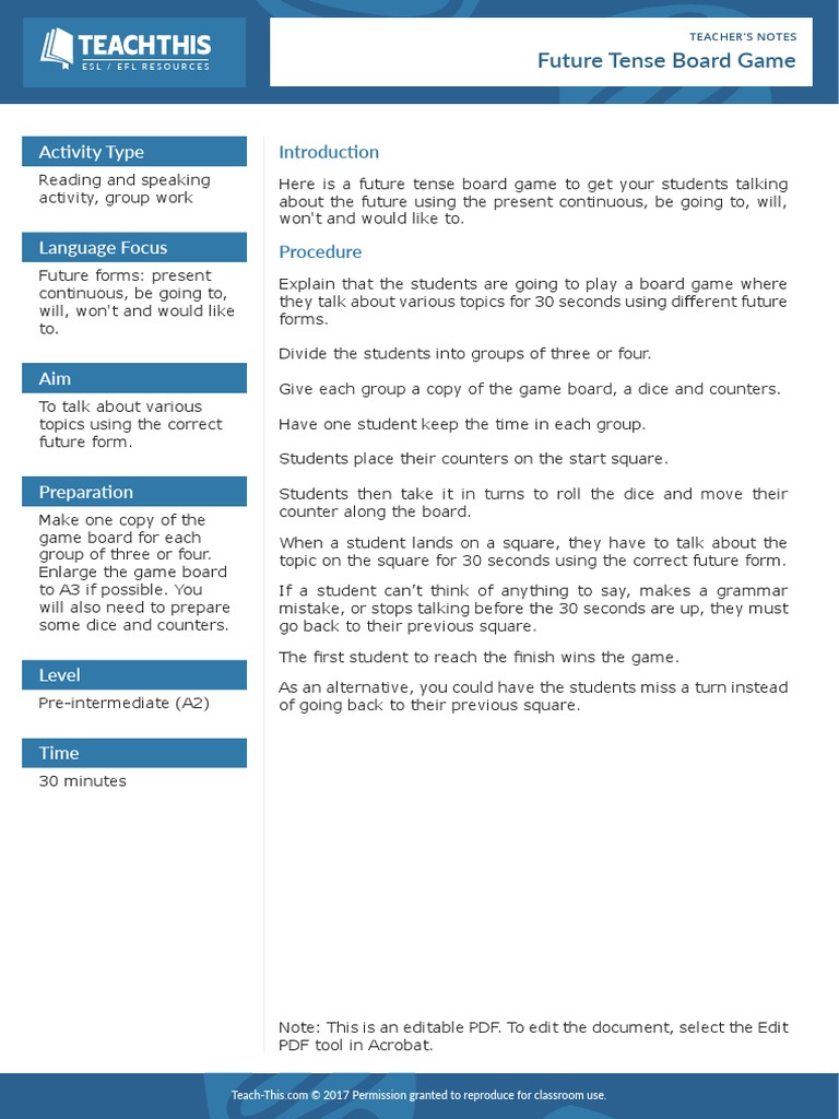 Future Tense Board Game: Activity Type | PDF | English As A Second Or ...