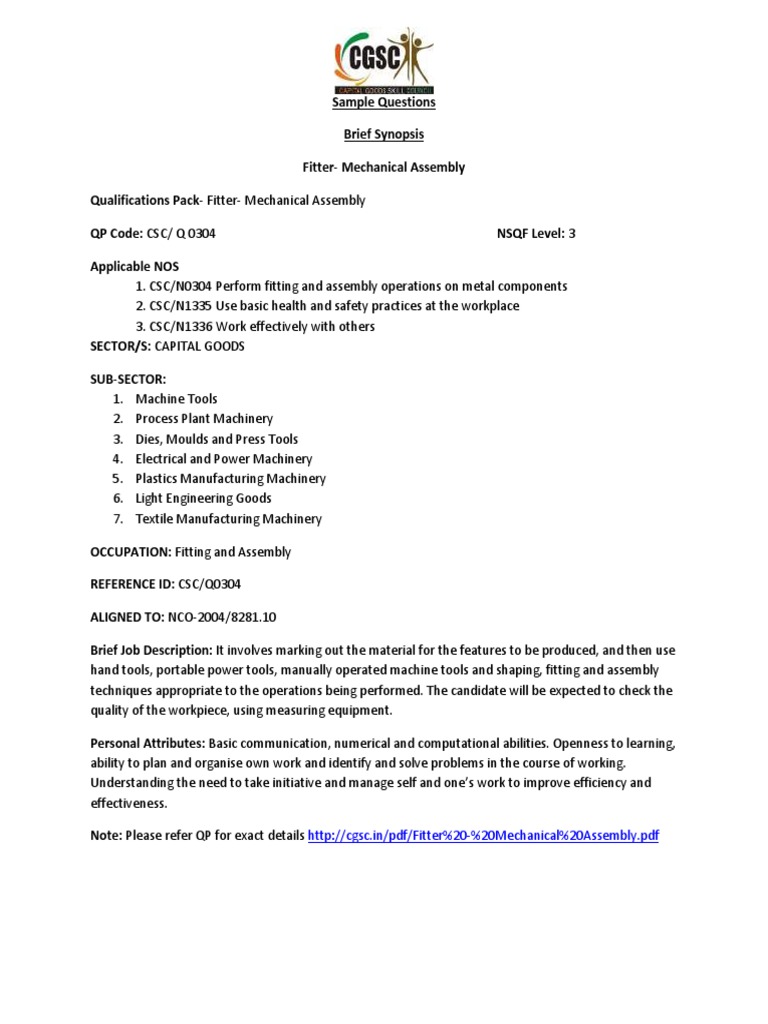 Fitter Mechanical Assembly (CSCQ0304) | PDF | Machinist | Machine Tool