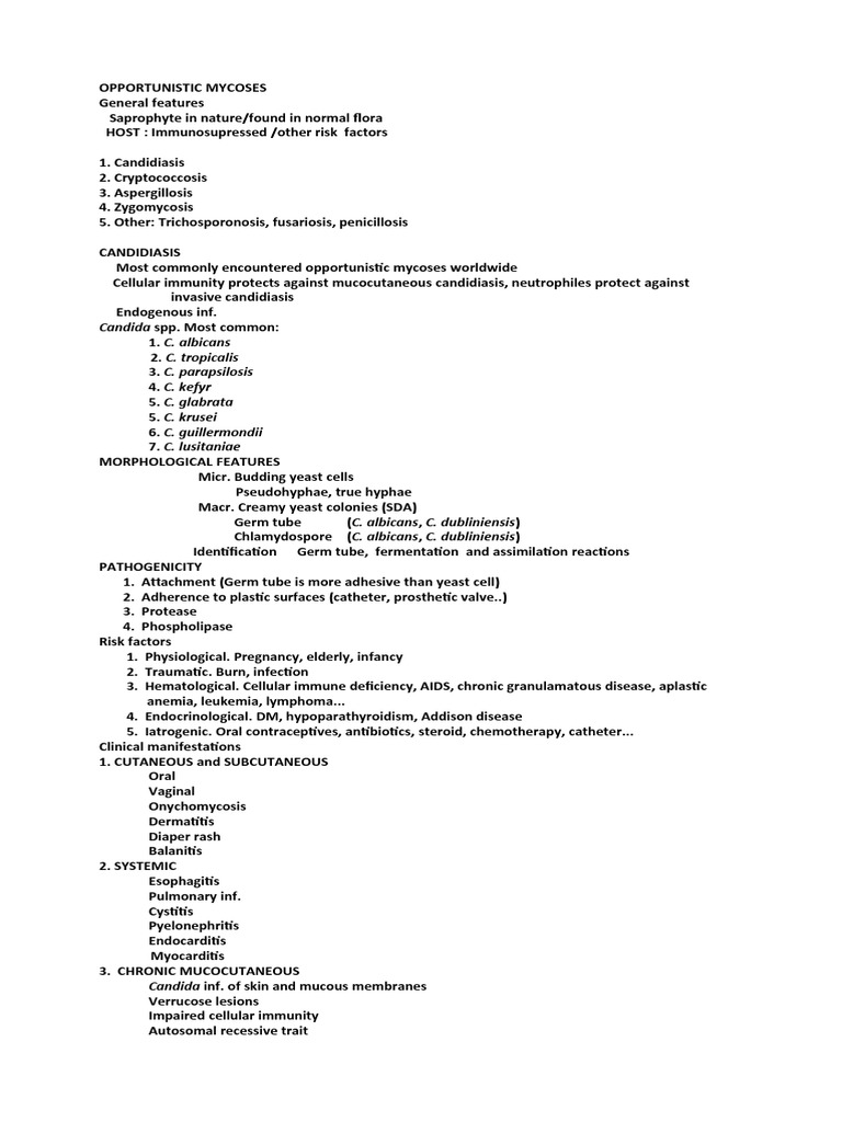 Opportunistic Mycoses Overview and Treatment | PDF | Candidiasis ...