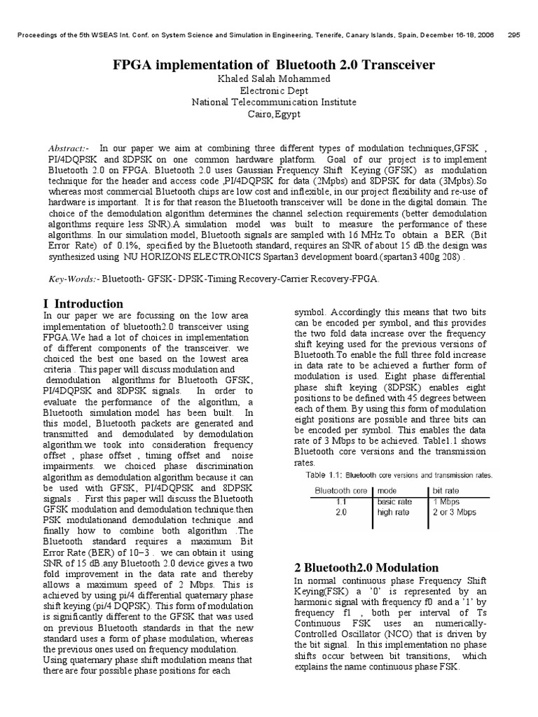 FPGA implementation of Bluetooth 2.0 Transceiver combining GFSK, PI ...