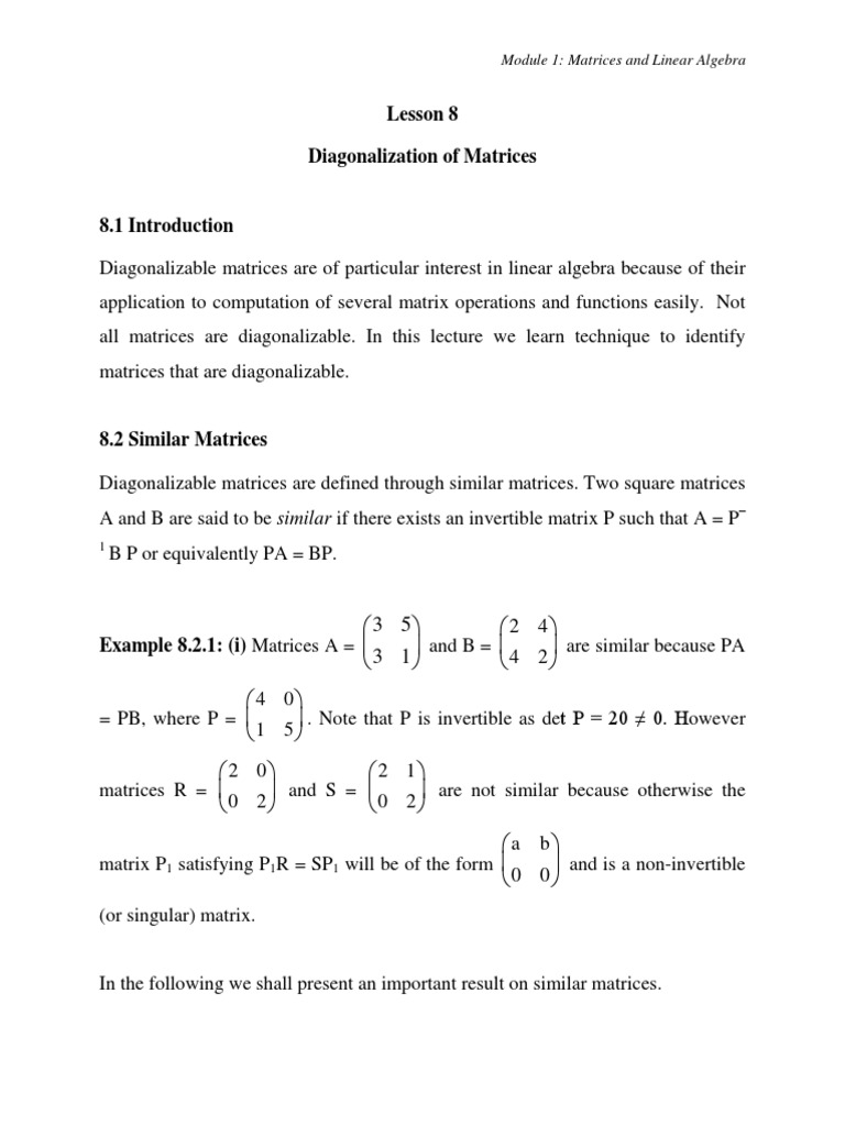 Lesson 8 Diagonalization of Matrices: Module 1: Matrices and Linear Algebra | PDF | Eigenvalues ...
