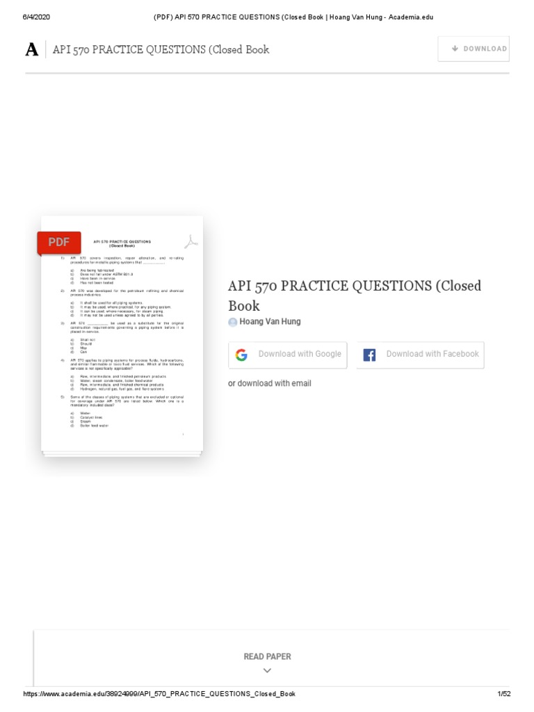 (PDF) API 570 PRACTICE QUESTIONS (Closed Book - Hoang Van Hung - Academia - Edu | PDF | Pipe ...