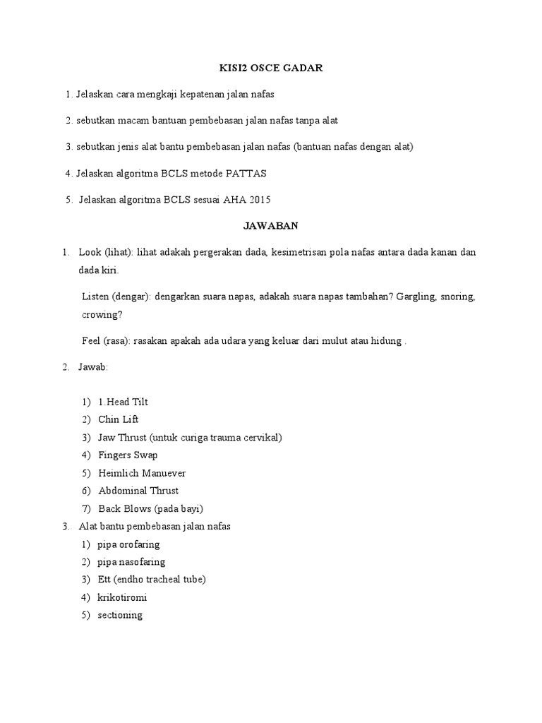 Kisi-Kisi OSCE GADAR BCLS Dan Airway Management | PDF