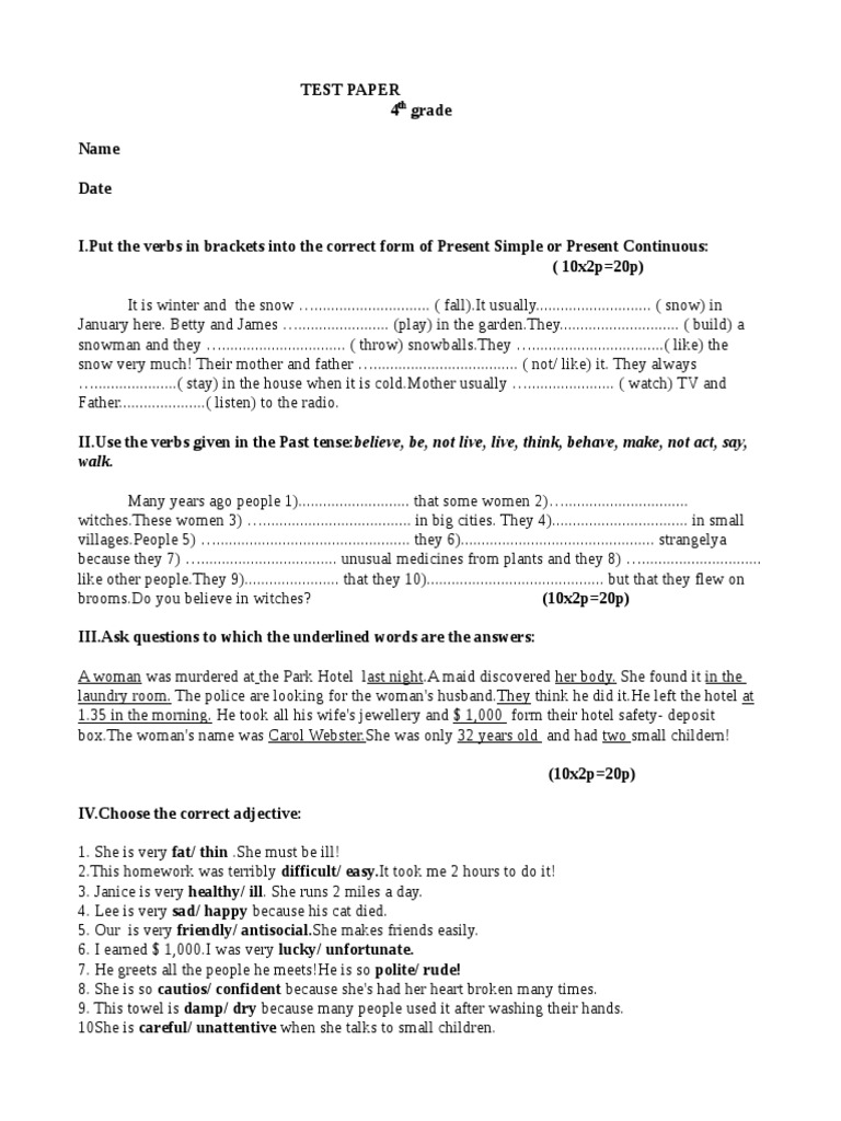4TH Grade - Test Paper | PDF | Grammar | Linguistic Morphology