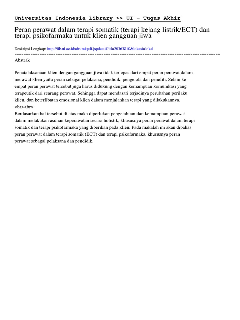 Peran Perawat Dalam Terapi Somatik (Terapi Kejang listrik/ECT) Dan Terapi Psikofarmaka Untuk ...