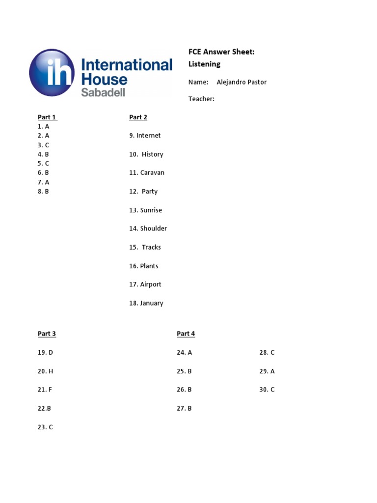 FCE Answer Sheet: Listening | PDF