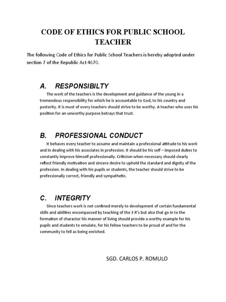 Code of Ethics For Public School Teacher: A. Responsibilty | PDF ...
