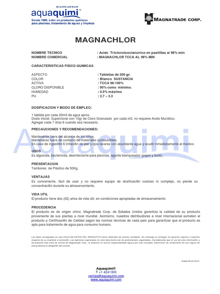 Hoja Tecnica Pastillas Cloro Magnaclor | PDF | Cloro | Agua