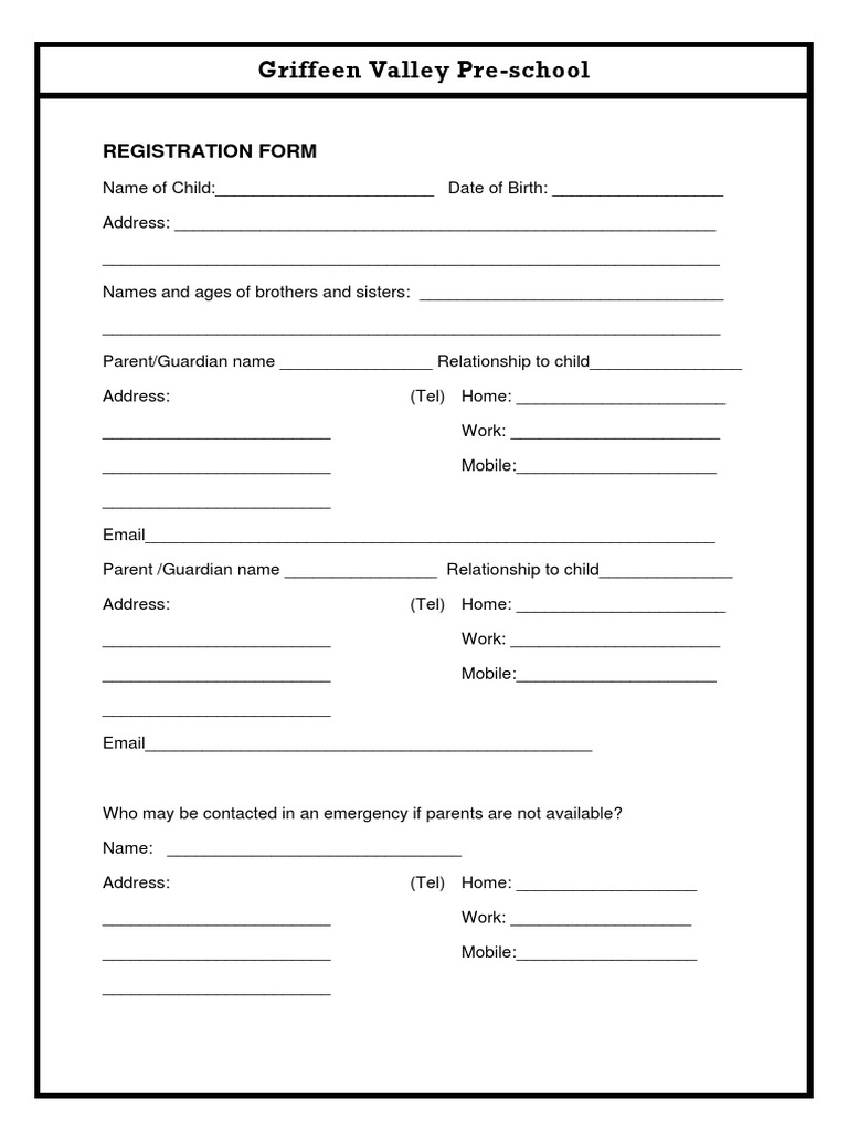 Griffeen Valley Pre-school Registration Form | PDF | Child Protection ...