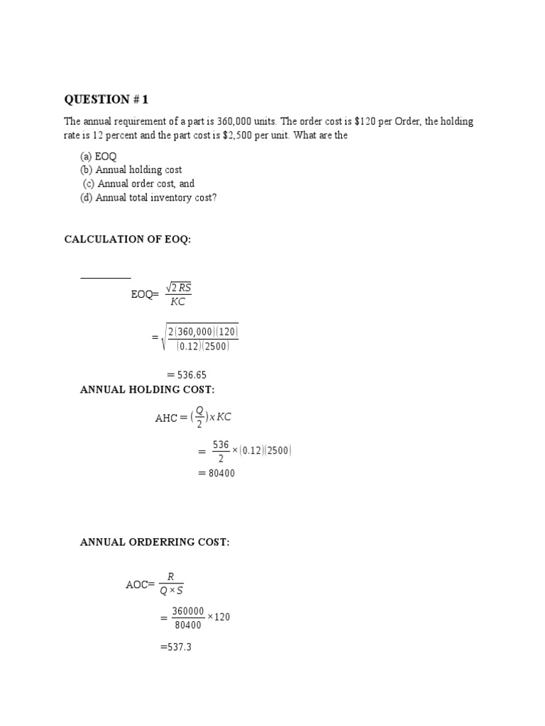 Question # 1: Calculation of Eoq | PDF