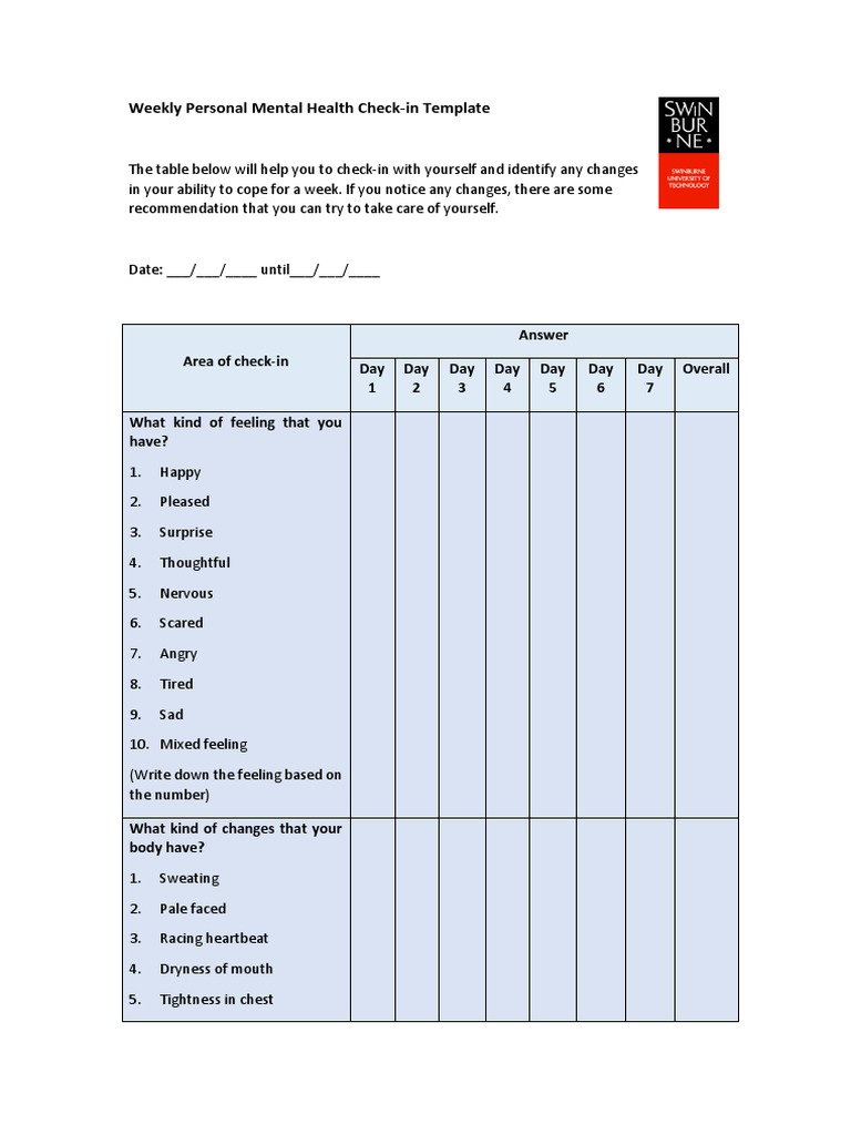 Weekly Mental Health Check-in Template | PDF | Self-Improvement