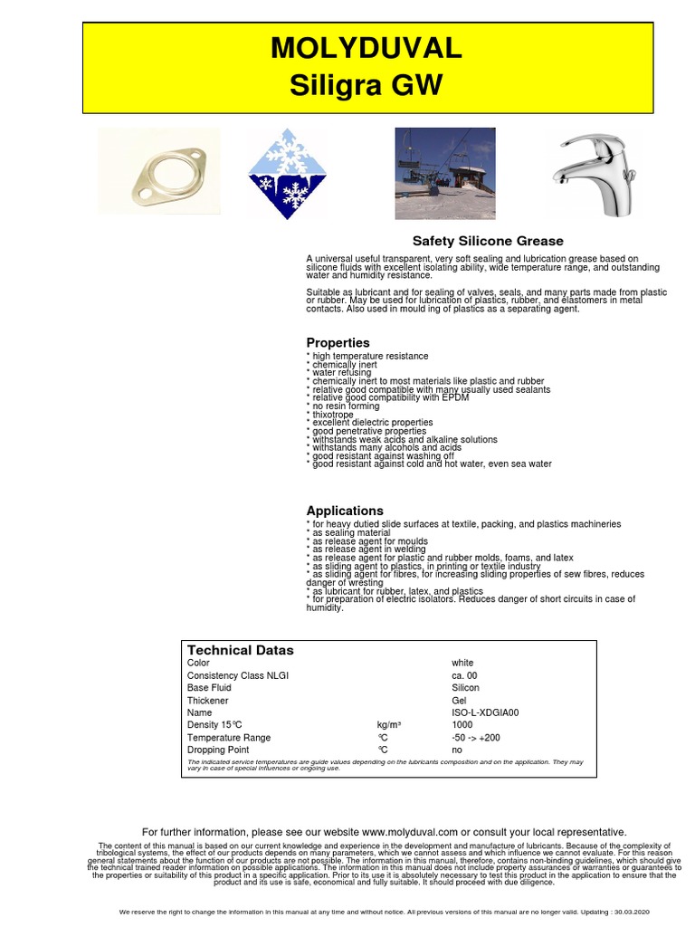 Molyduval Siligra GW: Safety Silicone Grease | PDF | Silicone | Plastic