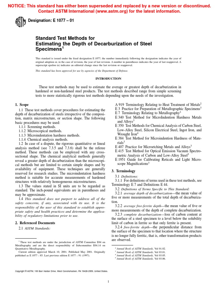ASTM E 1077 - 01decarburization | PDF | Heat Treating | Steel