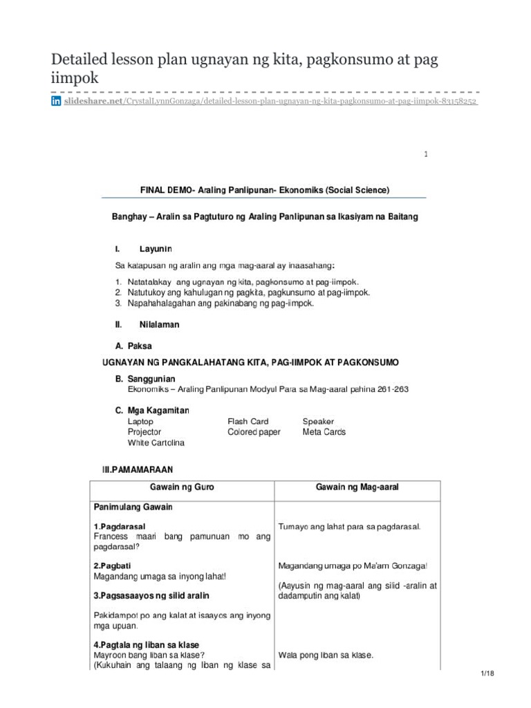 Detailed Lesson Plan Ugnayan NG Kita Pagkonsumo at Pag Iimpok | PDF