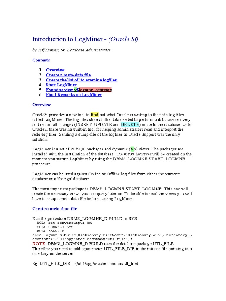 Introduction to LogMiner - Oracle 8i Database Auditing Tool | PDF | Databases | Information ...