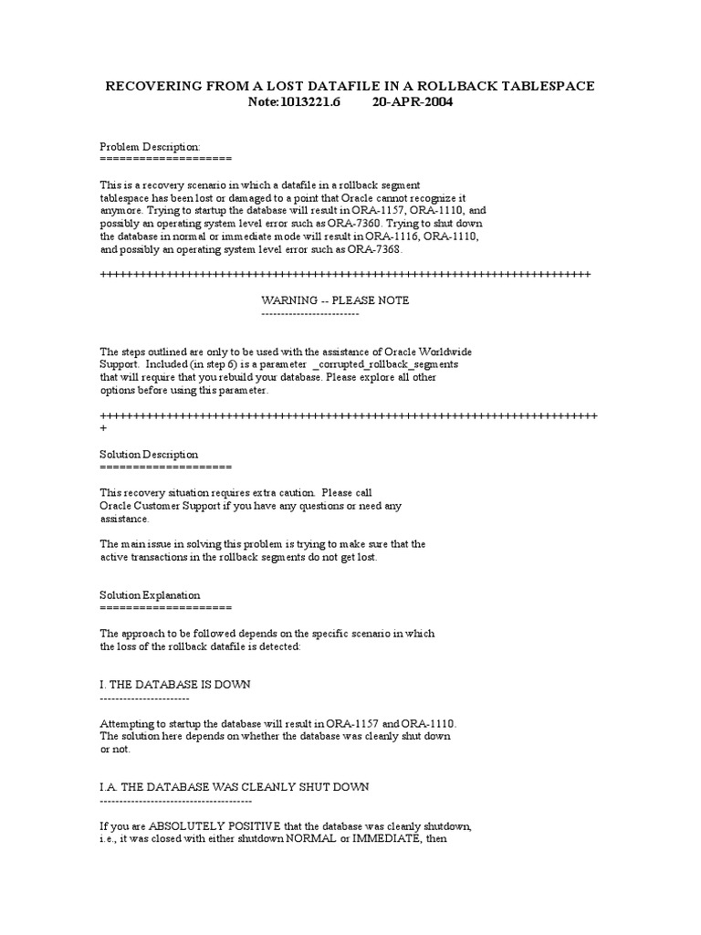 Recovering Lost Rollback Datafile | PDF | Backup | Databases