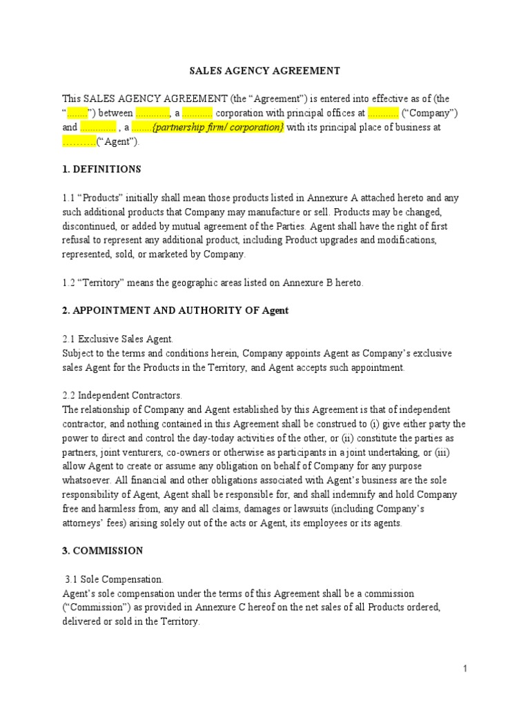 SALES AGENCY AGREEMENT - Template | PDF | Indemnity | Law Of Agency