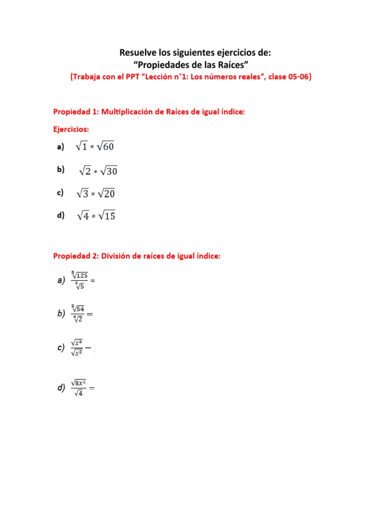 Guía de Ejercicios Propiedades de Las Raices | PDF