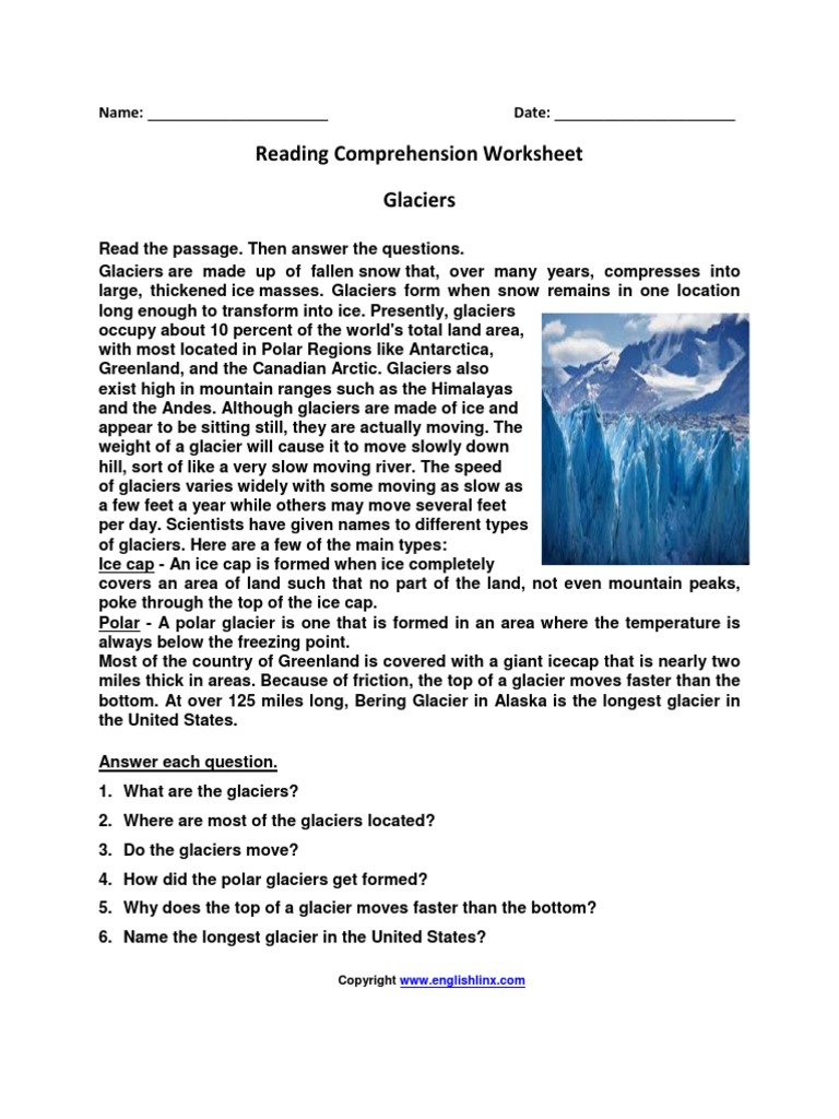 Reading Comprehension Worksheet Glaciers | PDF | Glacier | Ice