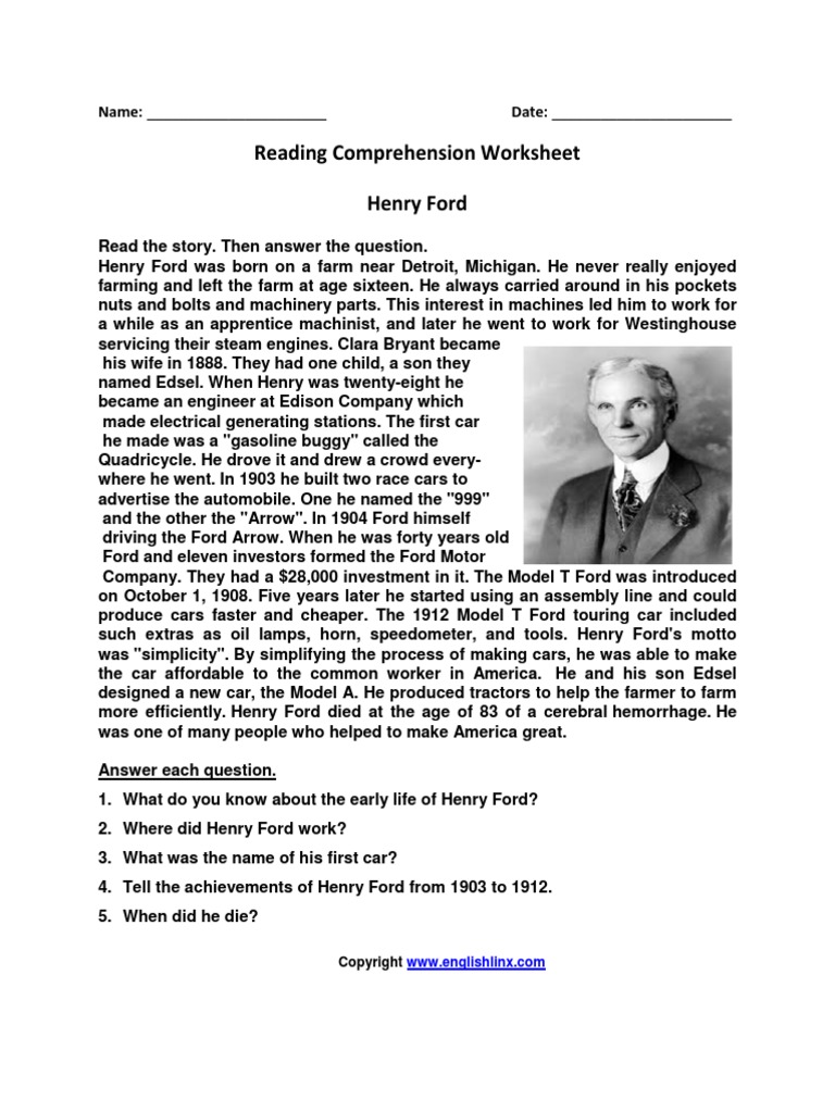 Reading Comprehension Worksheet Henry Ford | PDF | Ford Motor Company | Car