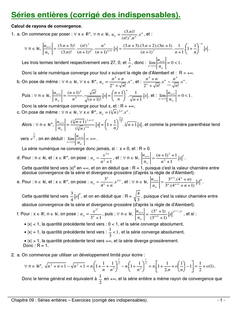 09 - Series Entieres Exercices Corriges Indispensables | PDF | Série (mathématiques) | Série entière