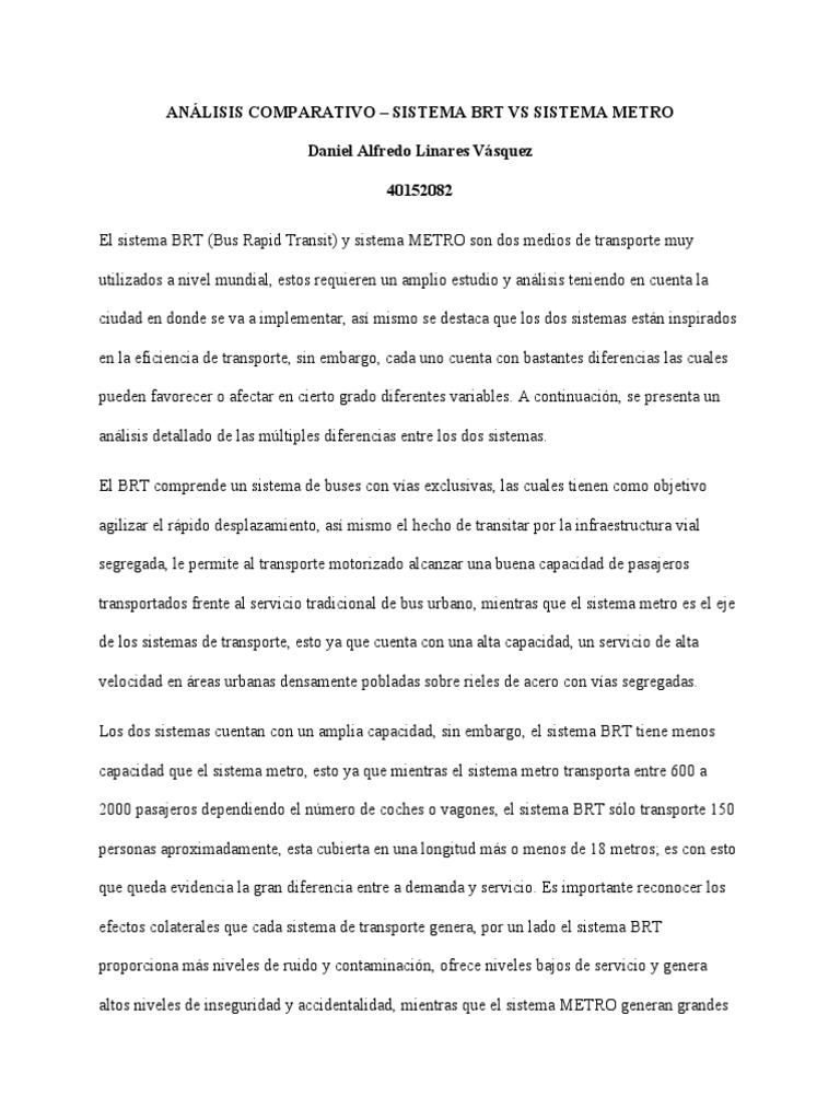 Comparativa BRT y Metro: Eficiencia y Costos | PDF | Autobús | Transporte