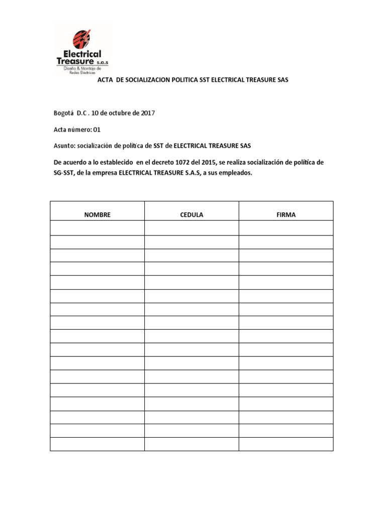 Acta de Socializacion Politica SST Electrical Treasure | PDF