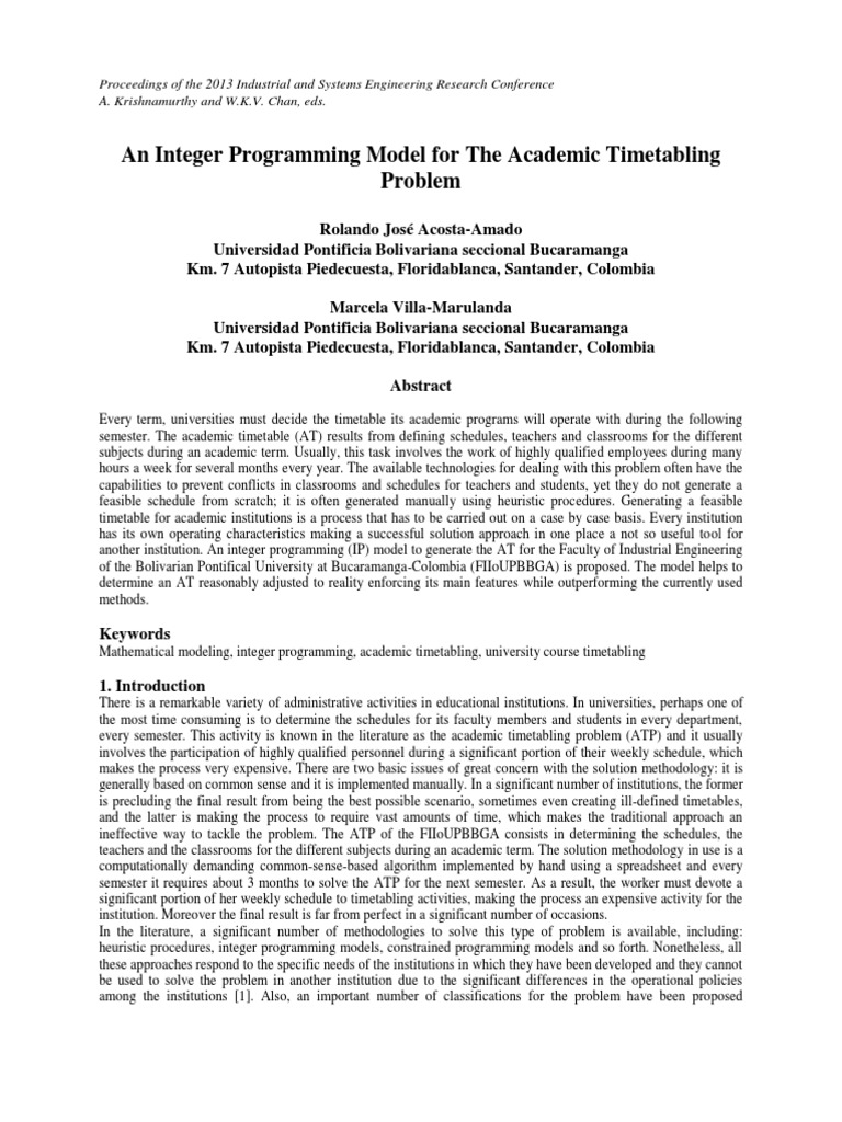 An Integer Programming Model For The Academic Timetabling Problem Download Free Pdf Time