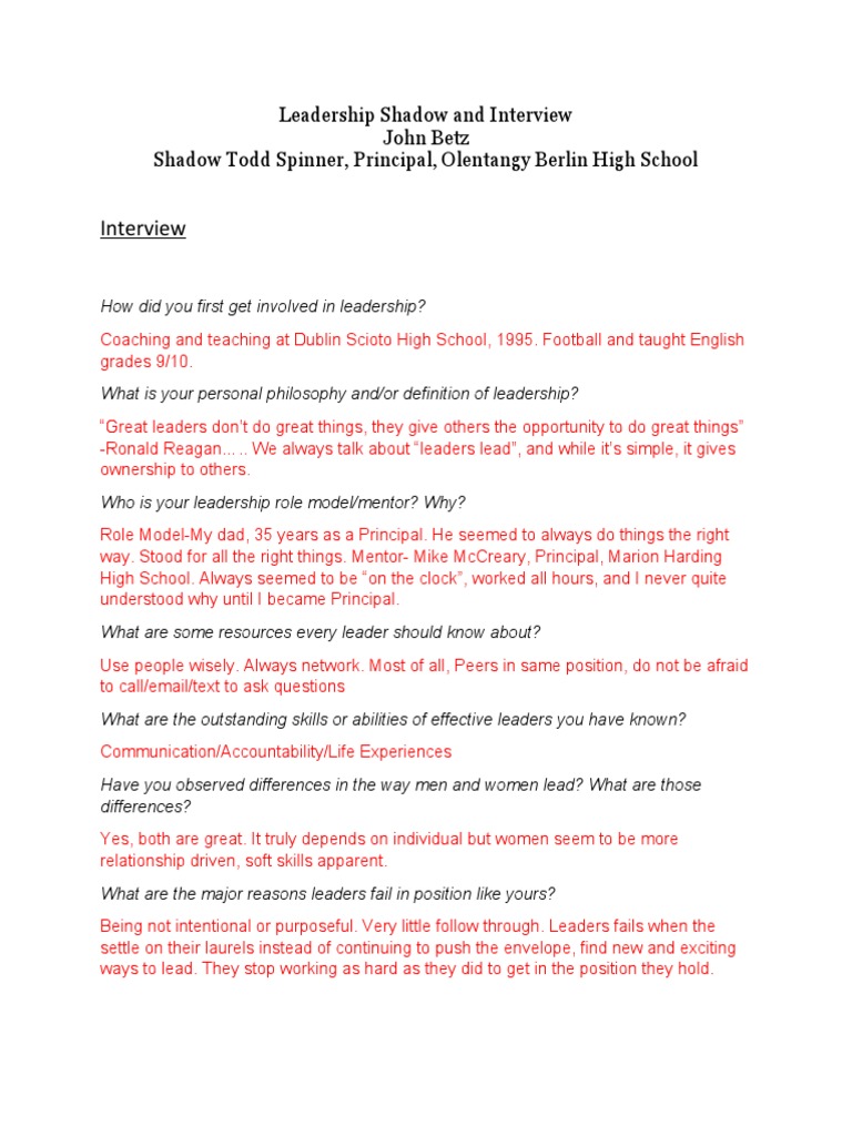 Leadership Shadow and Interview-Todd Spinner | PDF | Mentorship ...