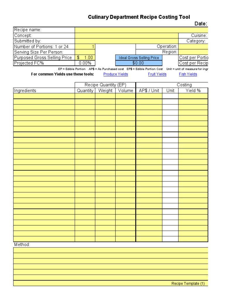 Culinary Department Recipe Costing Tool: Date | PDF