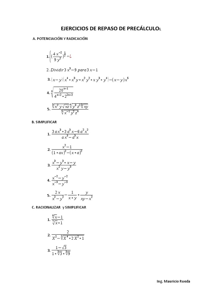 Ejercicios de Repaso Precalculo | PDF | Análisis matemático | Enseñanza ...