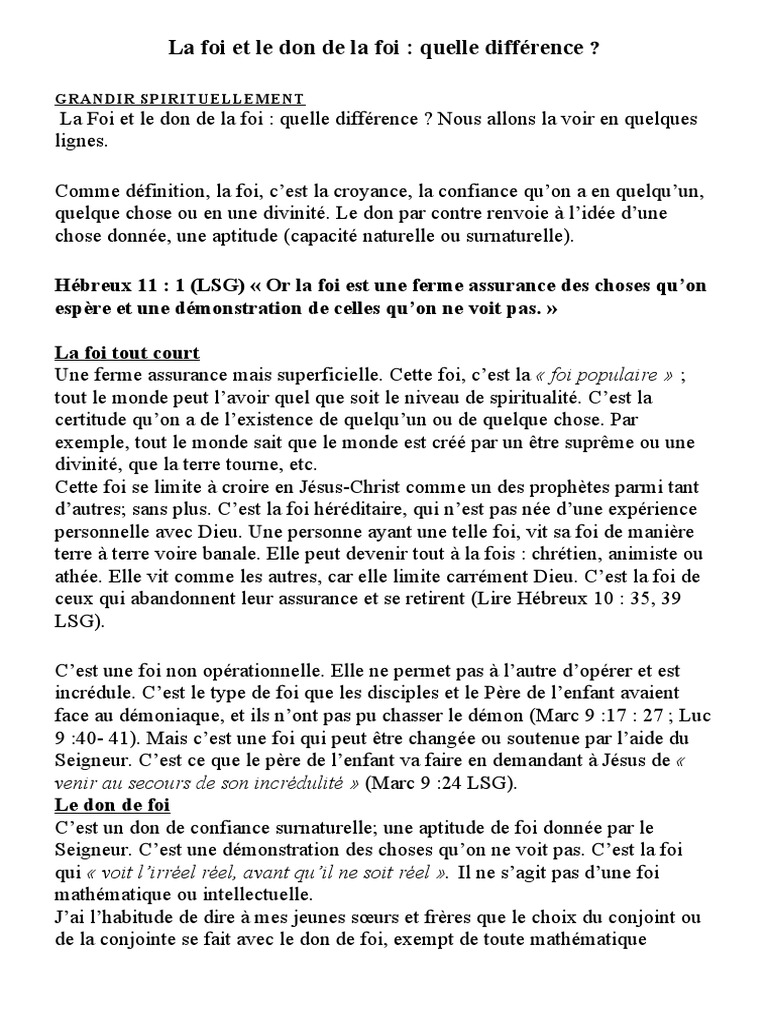 La Foi Et Le Don de La Foi | PDF | Miracle | Jésus