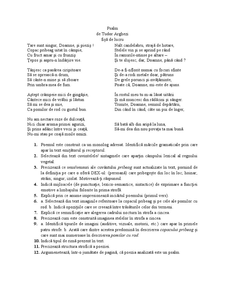 Psalm de Tudor Arghezi Fisa de Lucru | PDF