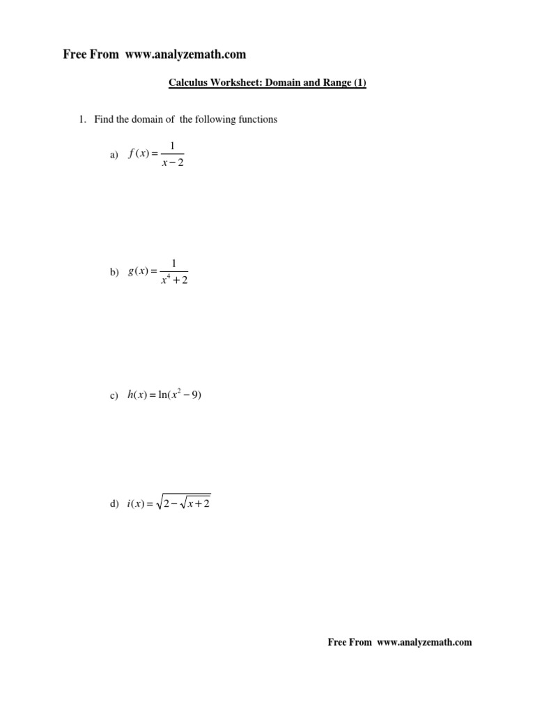 Find The Domain of The Following Functions: Calculus Worksheet: Domain ...