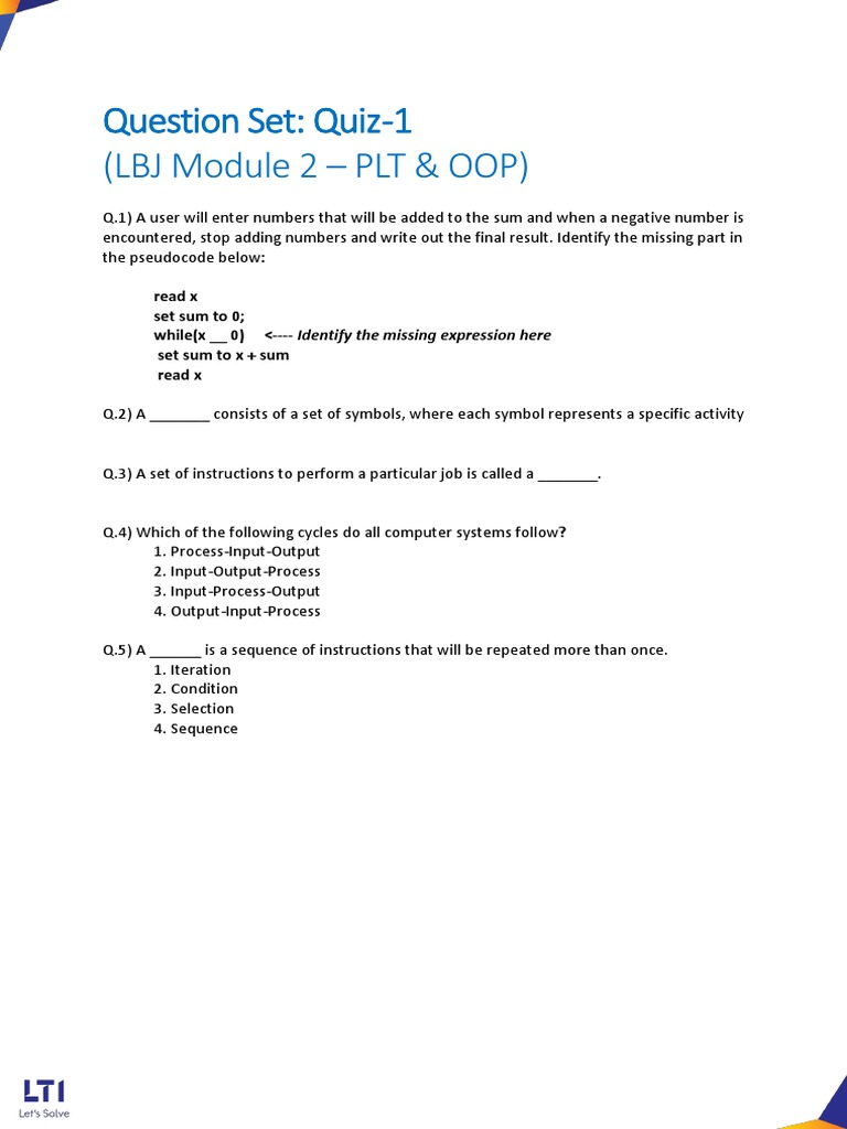 Quiz Question Set-1 (LBJ - PLT & OOP) | PDF