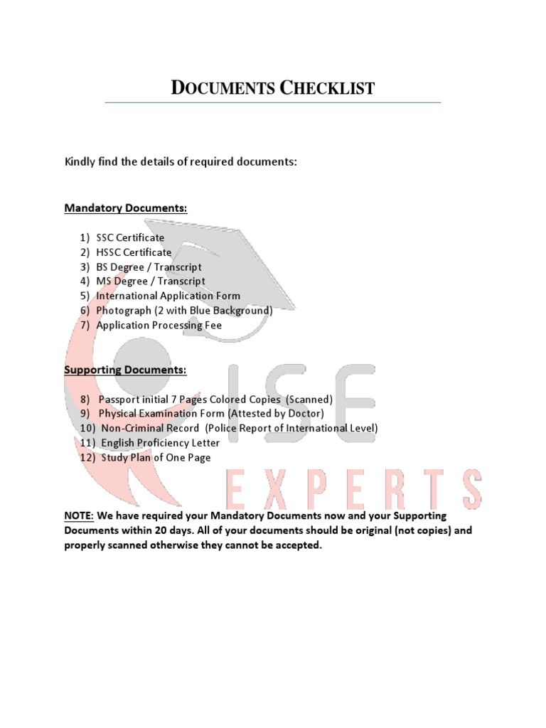 Required Documents Checklist for International Student Application | PDF