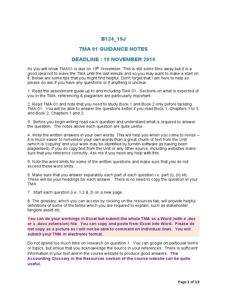 B124 - 19J - TMA 01 - Guidance Notes | PDF | Debits And Credits | Banks