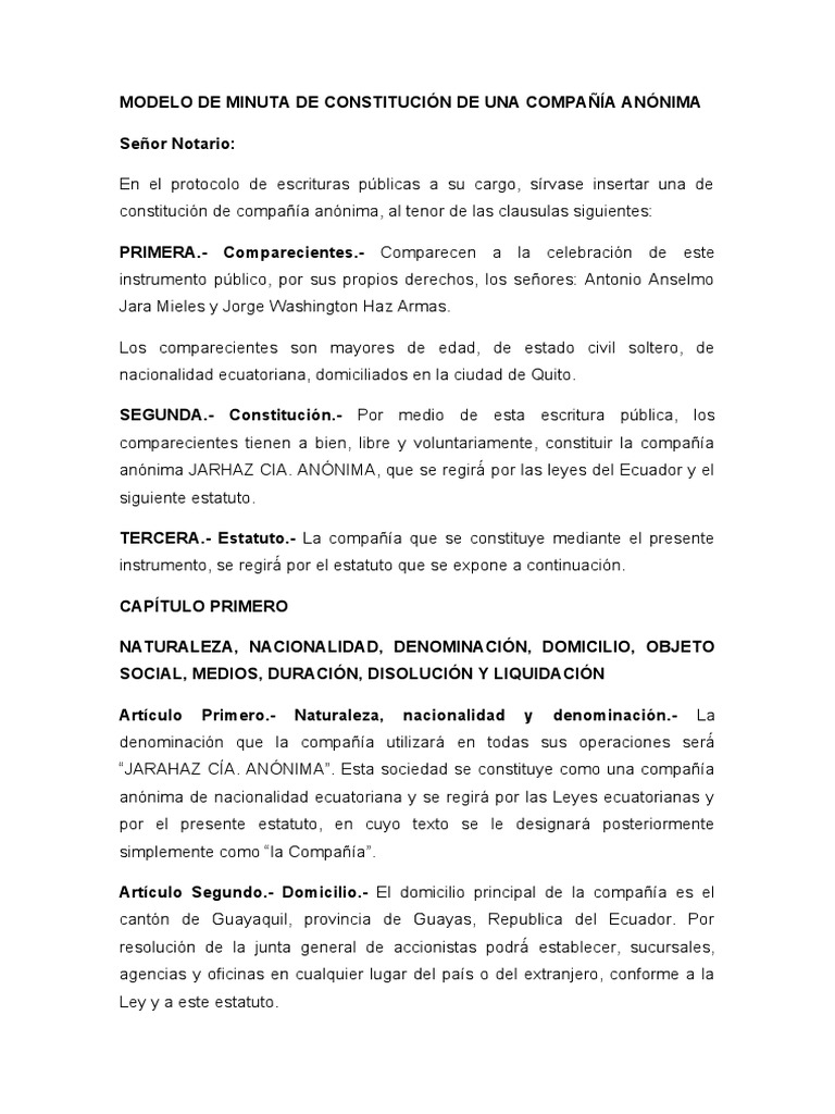Modelo de Minuta de Constituci N de Una Compa A An Nima | PDF | Sociedad de responsabilidad ...