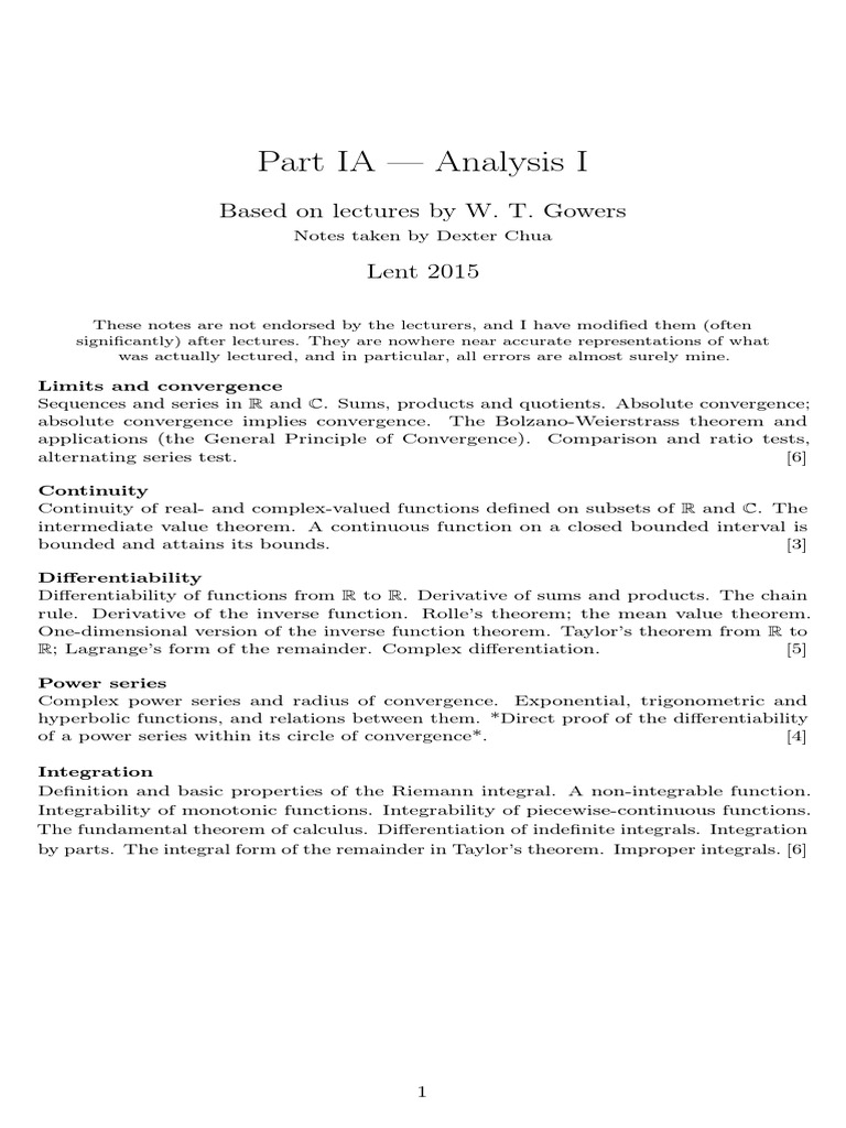Part IA - Analysis I: Based On Lectures by W. T. Gowers | PDF | Series ...